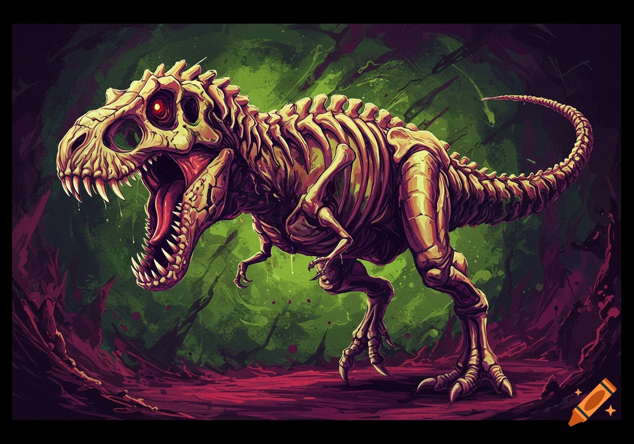 A stylized, skeletal T-Rex with a glowing red eye and open mouth, set ...