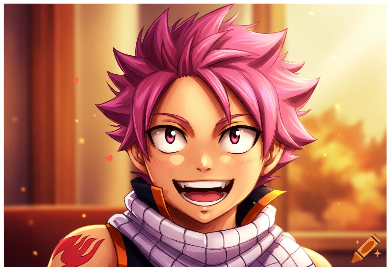 Close-up anime portrait of Natsu Dragneel smiling with pink spiky hair ...
