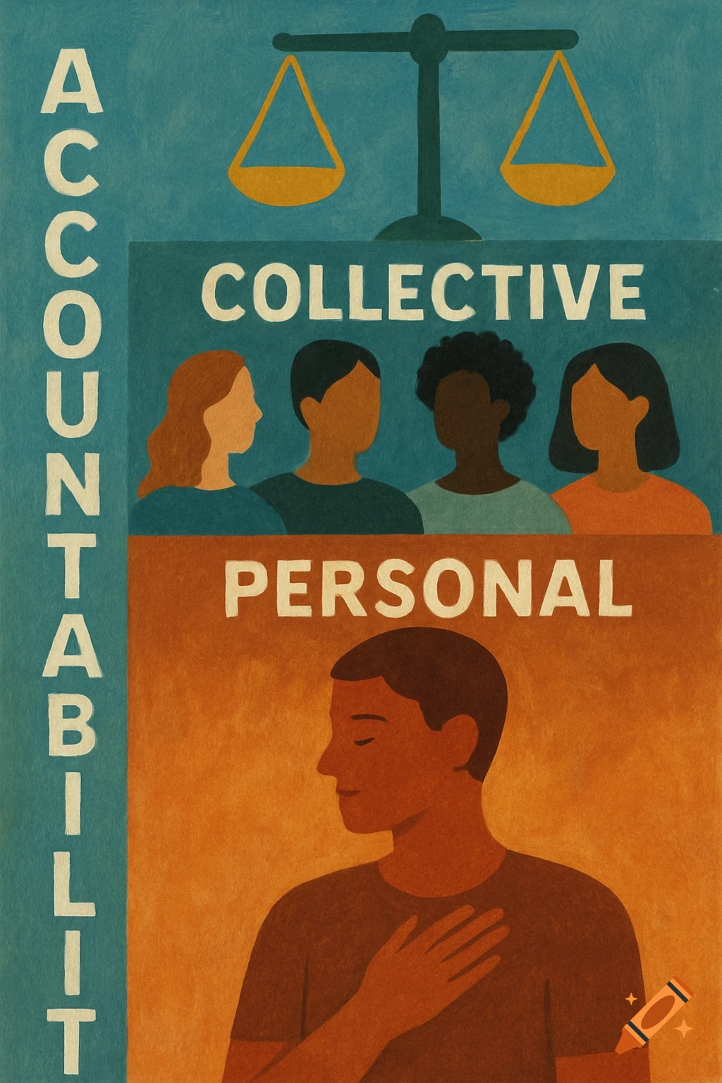 An illustration depicting accountability. The top section shows a scale ...