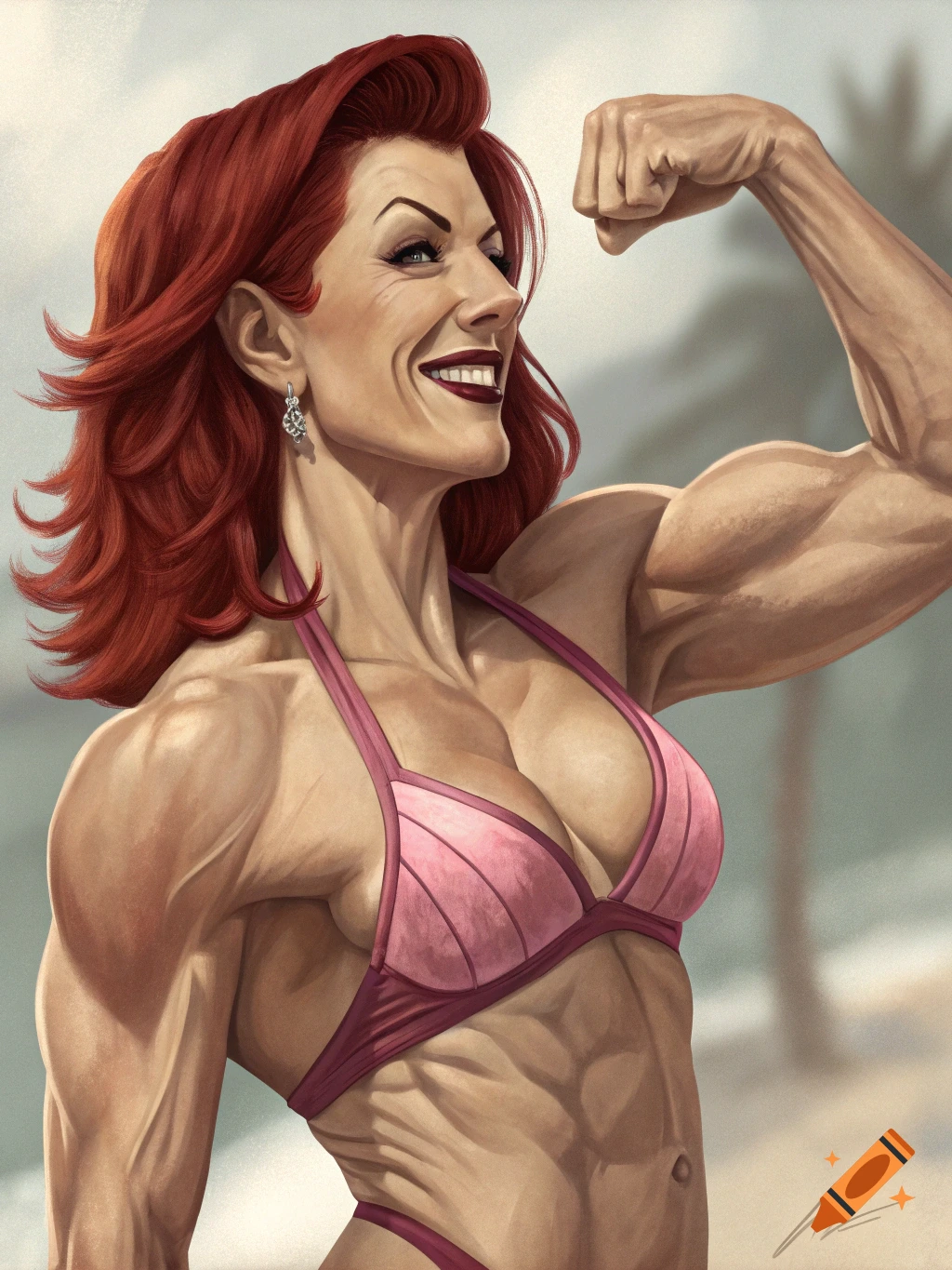 A smiling, redheaded female bodybuilder with large muscles flexing her biceps in a pink bikini ...