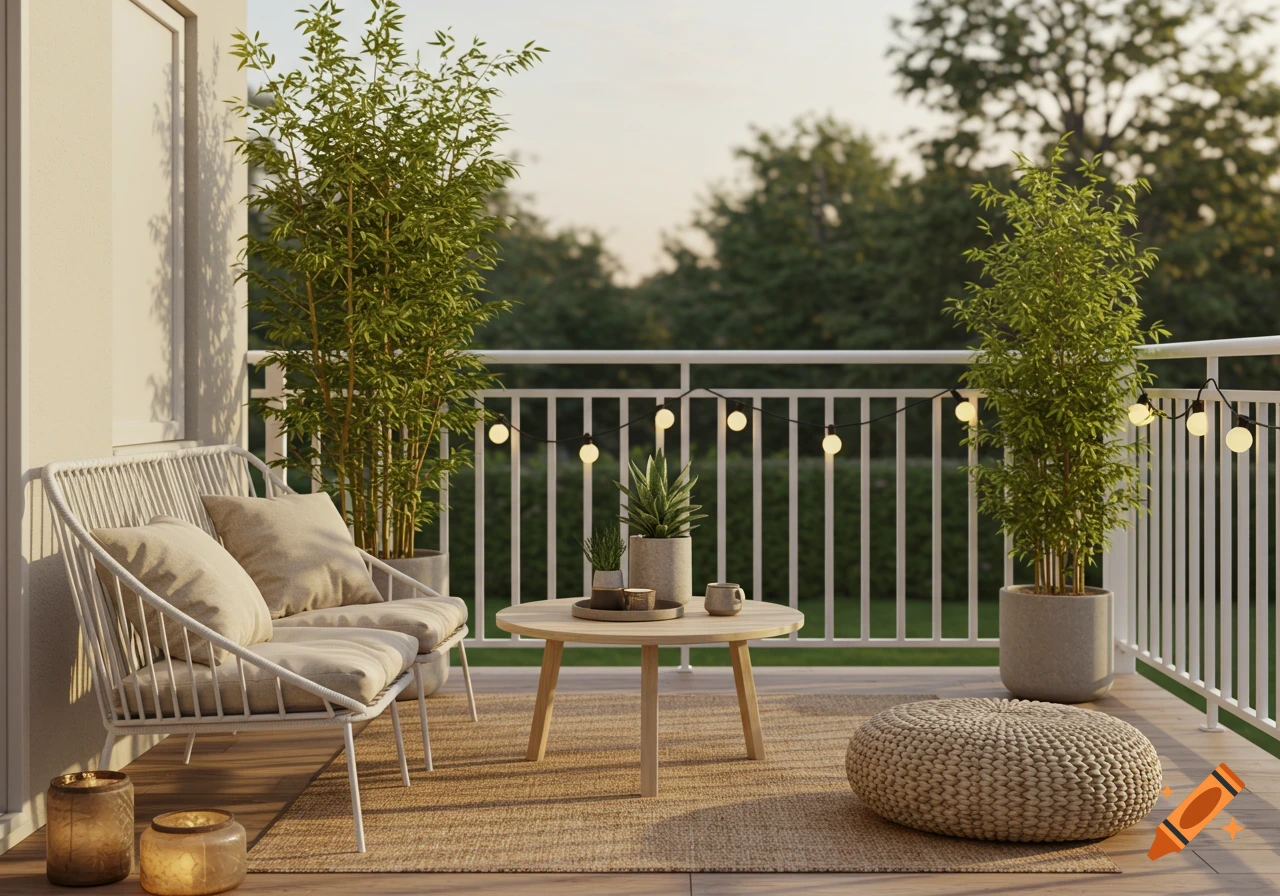 A minimalist zen balcony with white rattan chairs, a wood coffee table ...