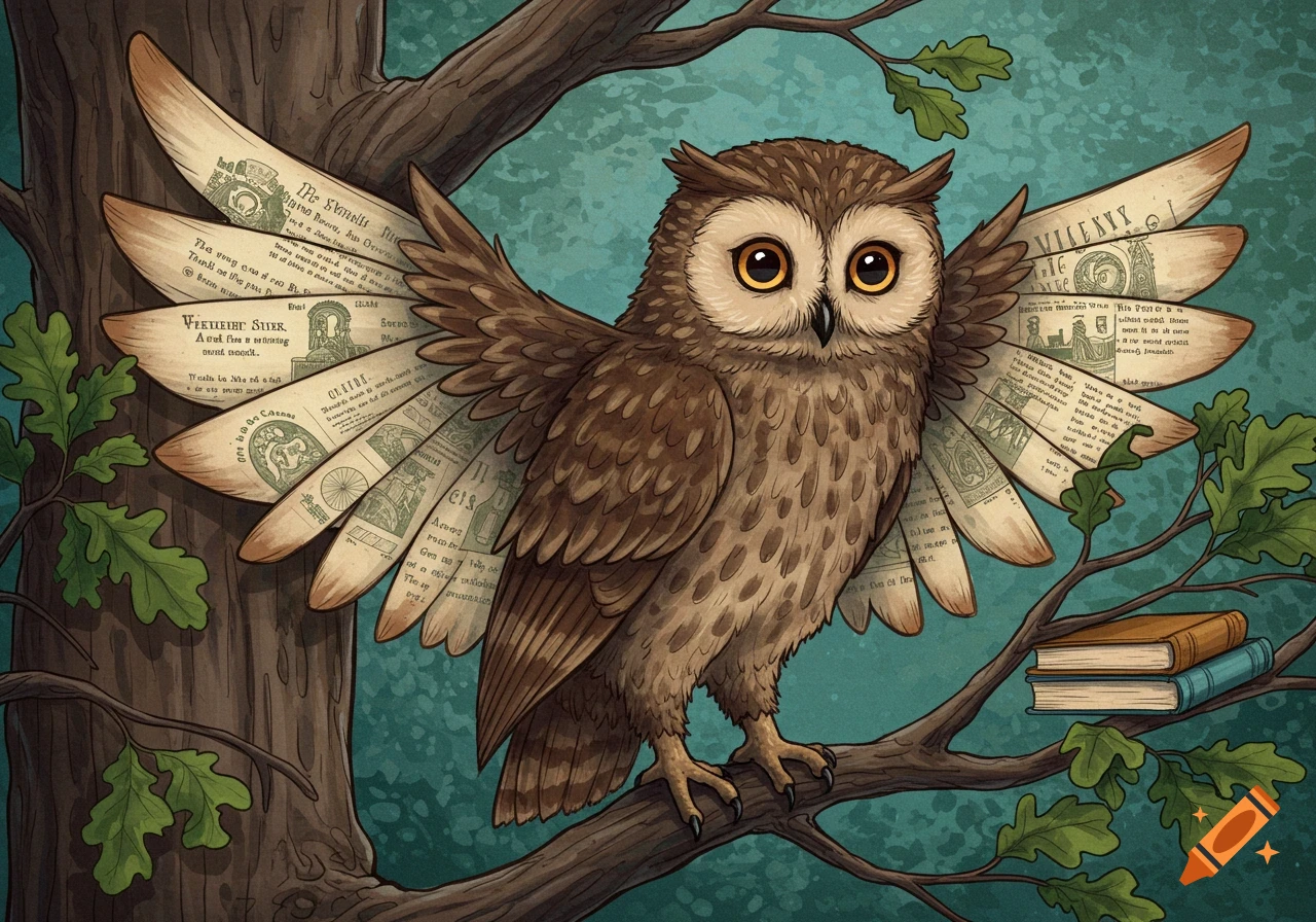 An illustrated brown owl with wings made of book pages perches on an ...