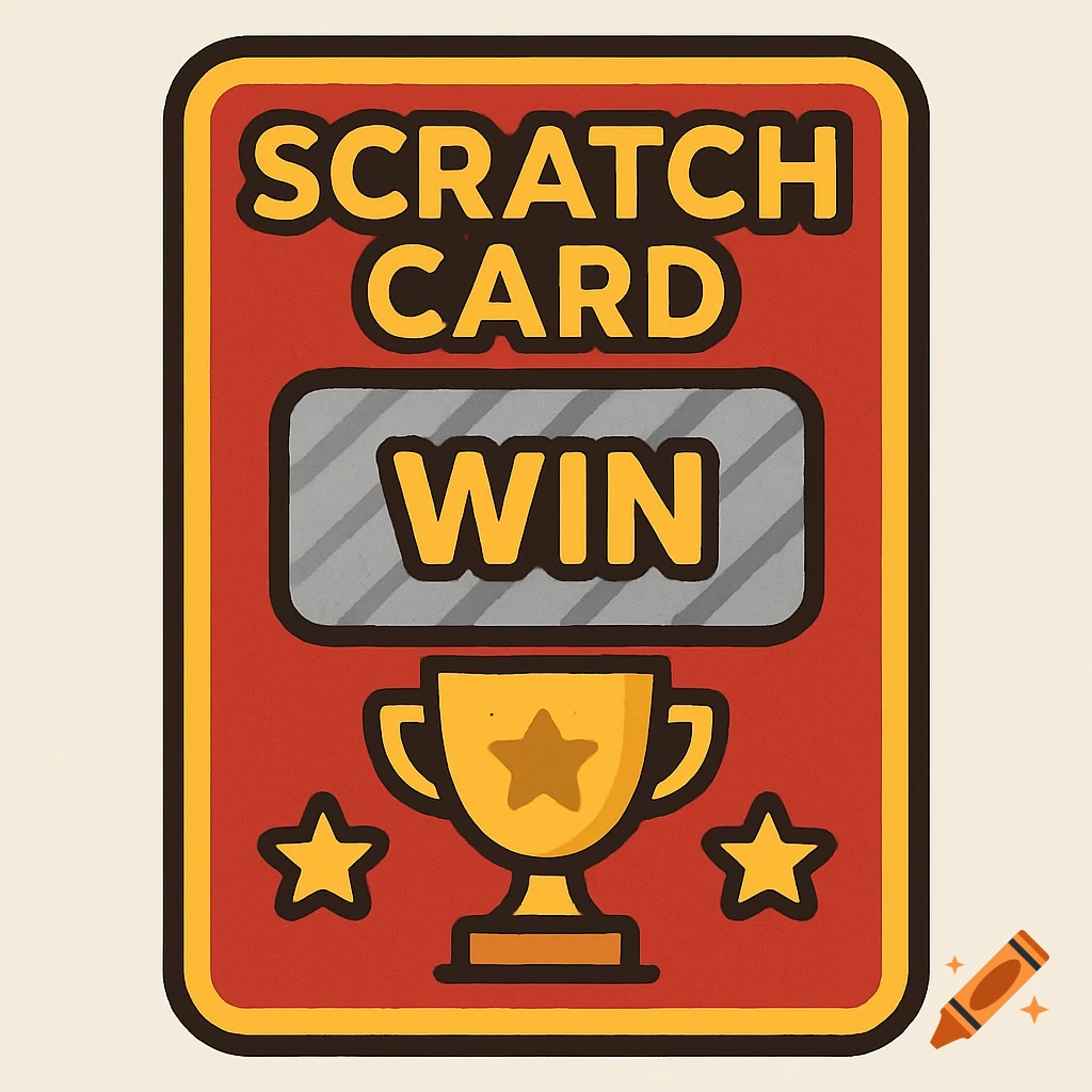 An illustration of a red scratch card with a yellow border, showing ...