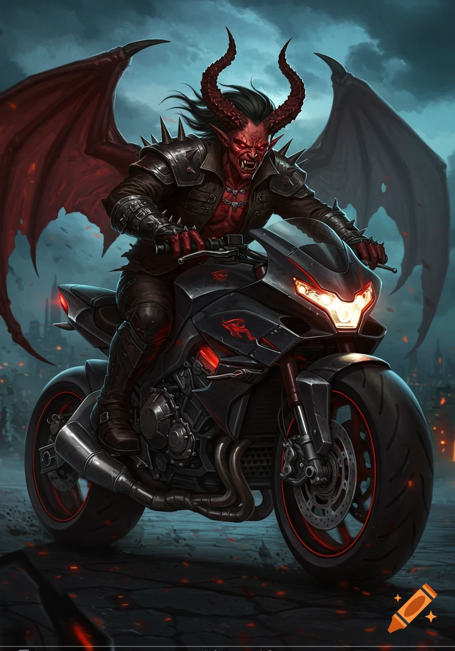 A red-skinned demon with large horns and leathery wings rides a black ...