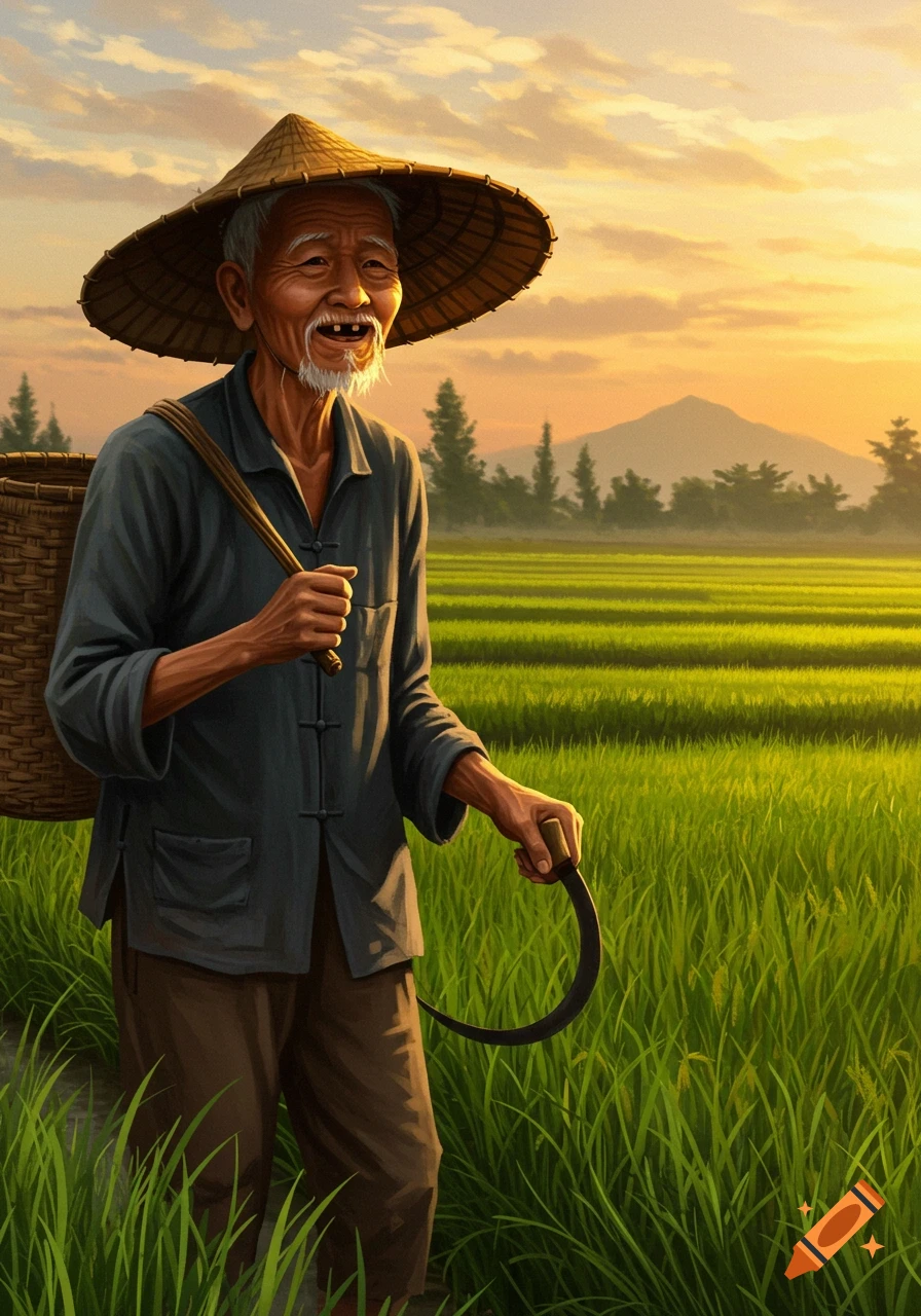 An old Asian farmer with a straw hat smiles with missing teeth in a ...