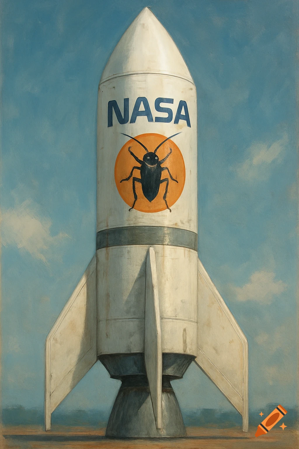 Painting of a white rocket with a NASA logo and a black cockroach ...