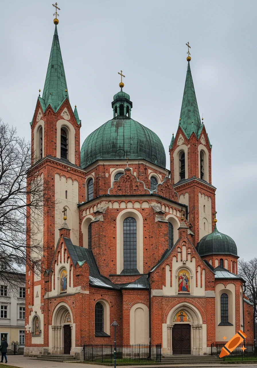 A red brick church with green spires and domes under an overcast sky ...