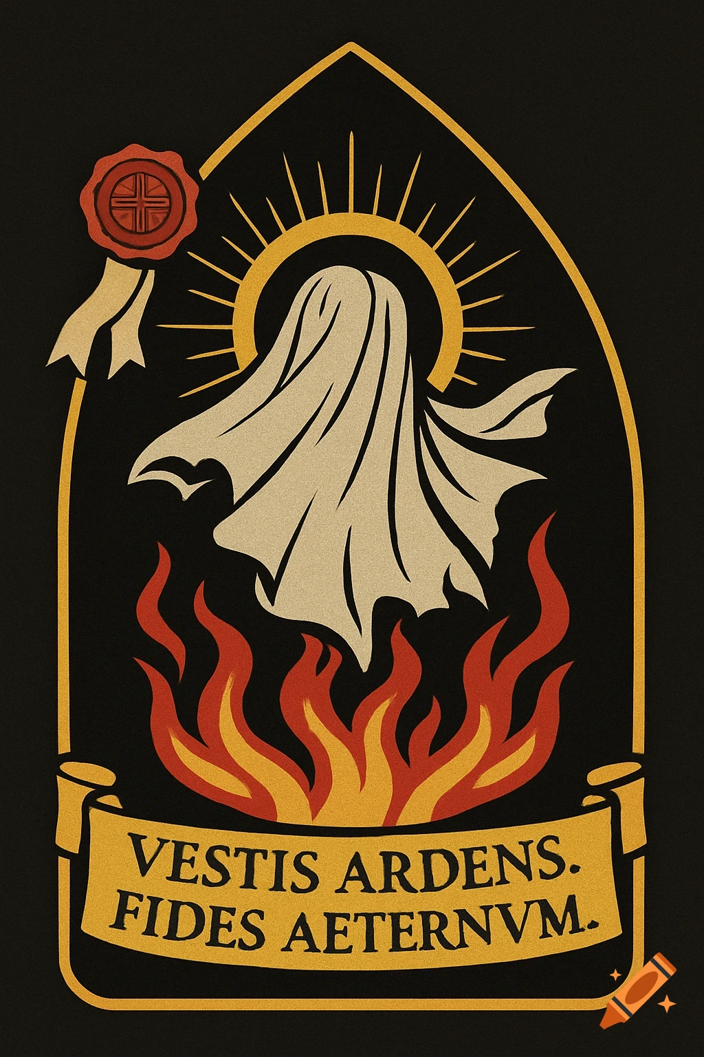 A stylized heraldic emblem depicts a veiled figure with a halo over ...