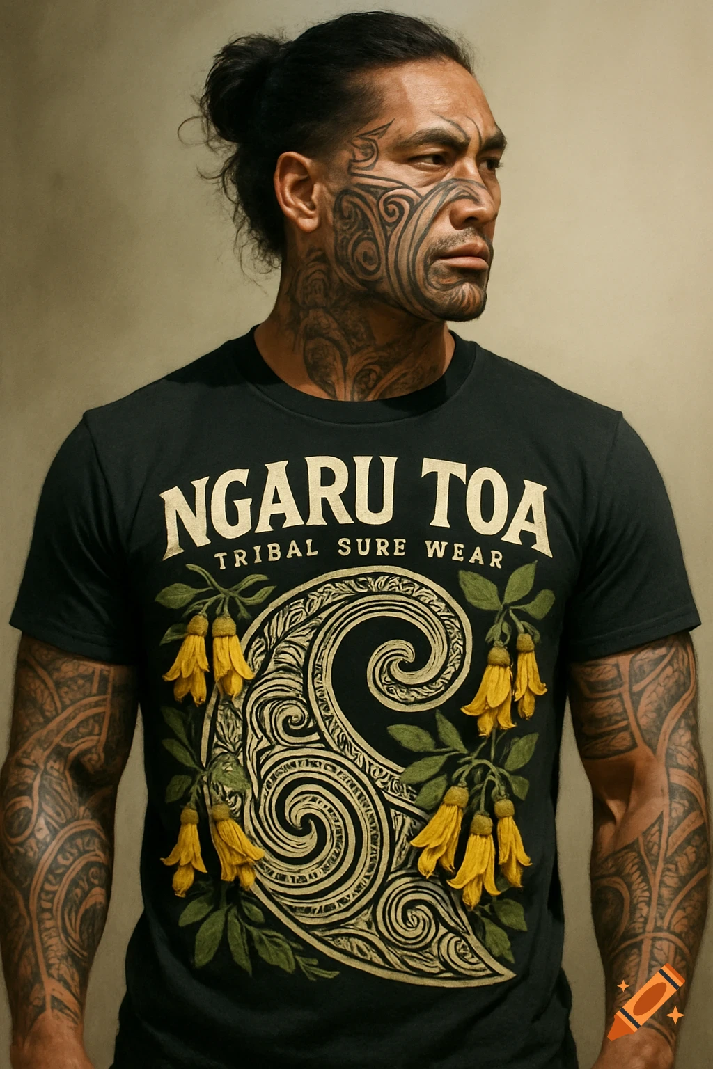 A realistic male Maori model with tribal tattoos wears a black t-shirt ...