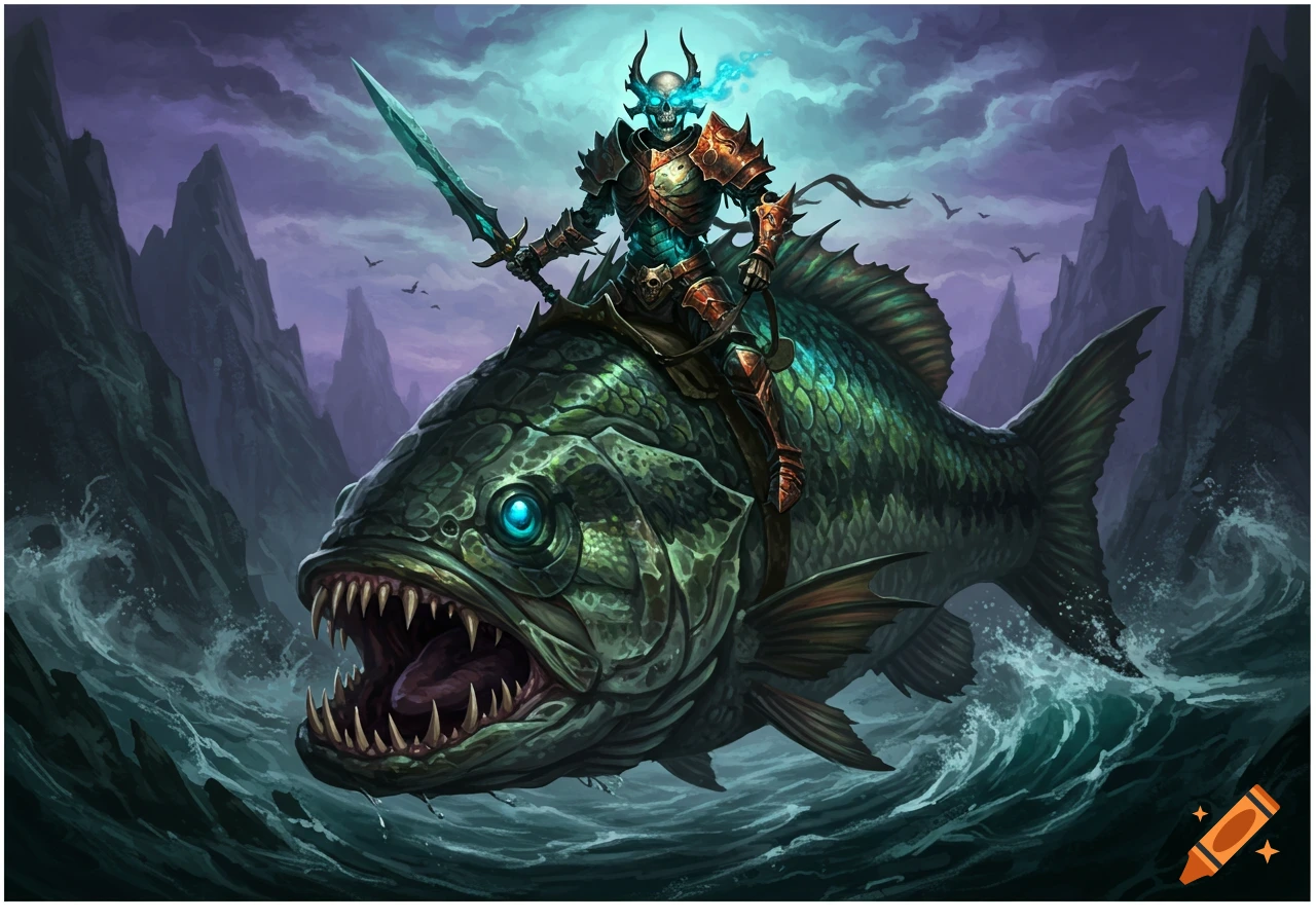 A skeleton warrior in armor rides a fierce giant bass fish through ...