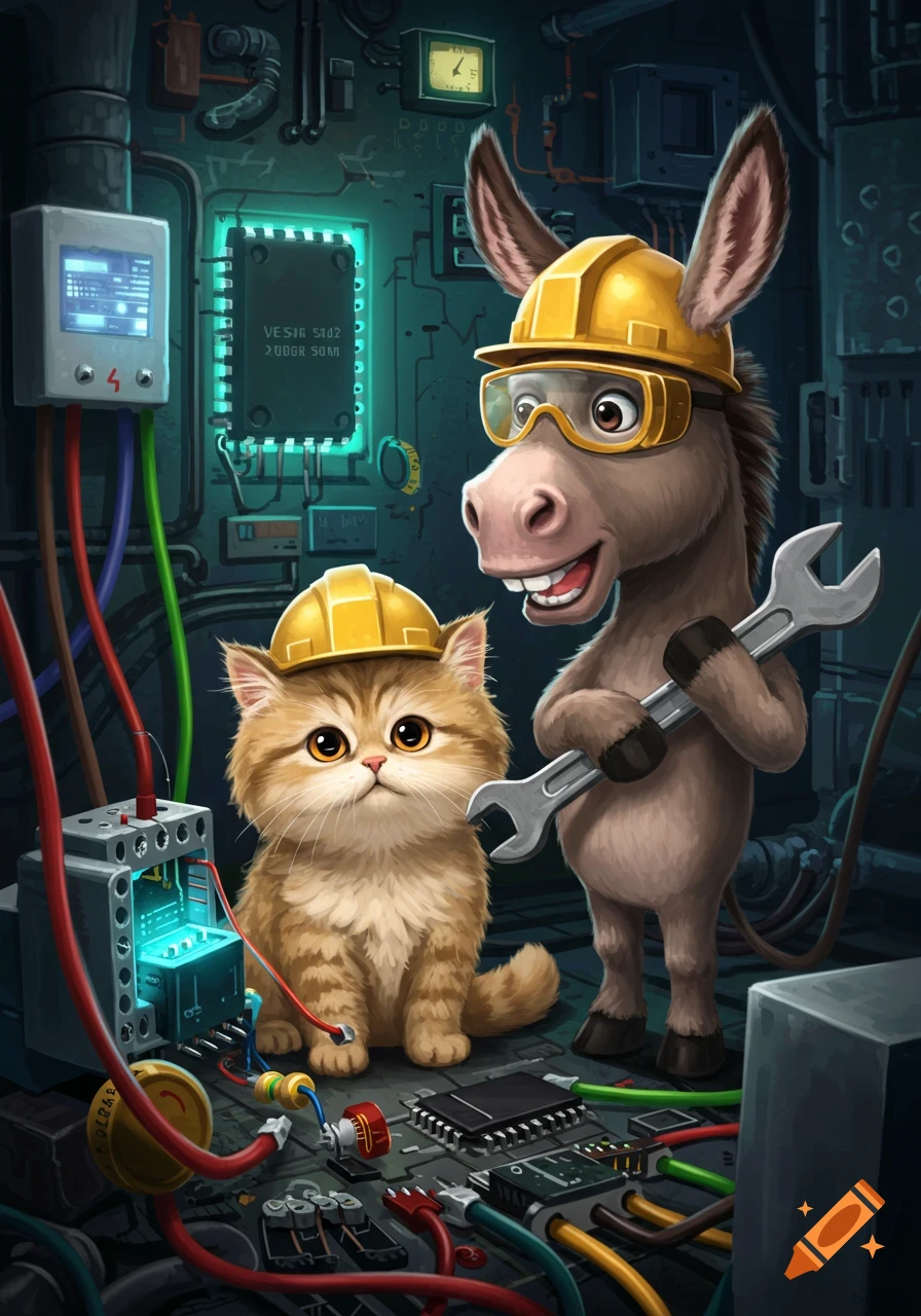 A cartoonish brown donkey in a yellow hard hat and goggles holds a ...