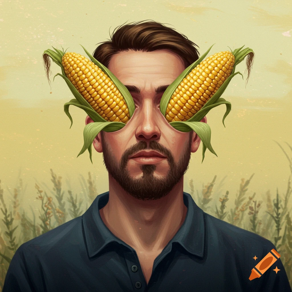 Stylized portrait of a man with ears of corn covering his eyes in a ...