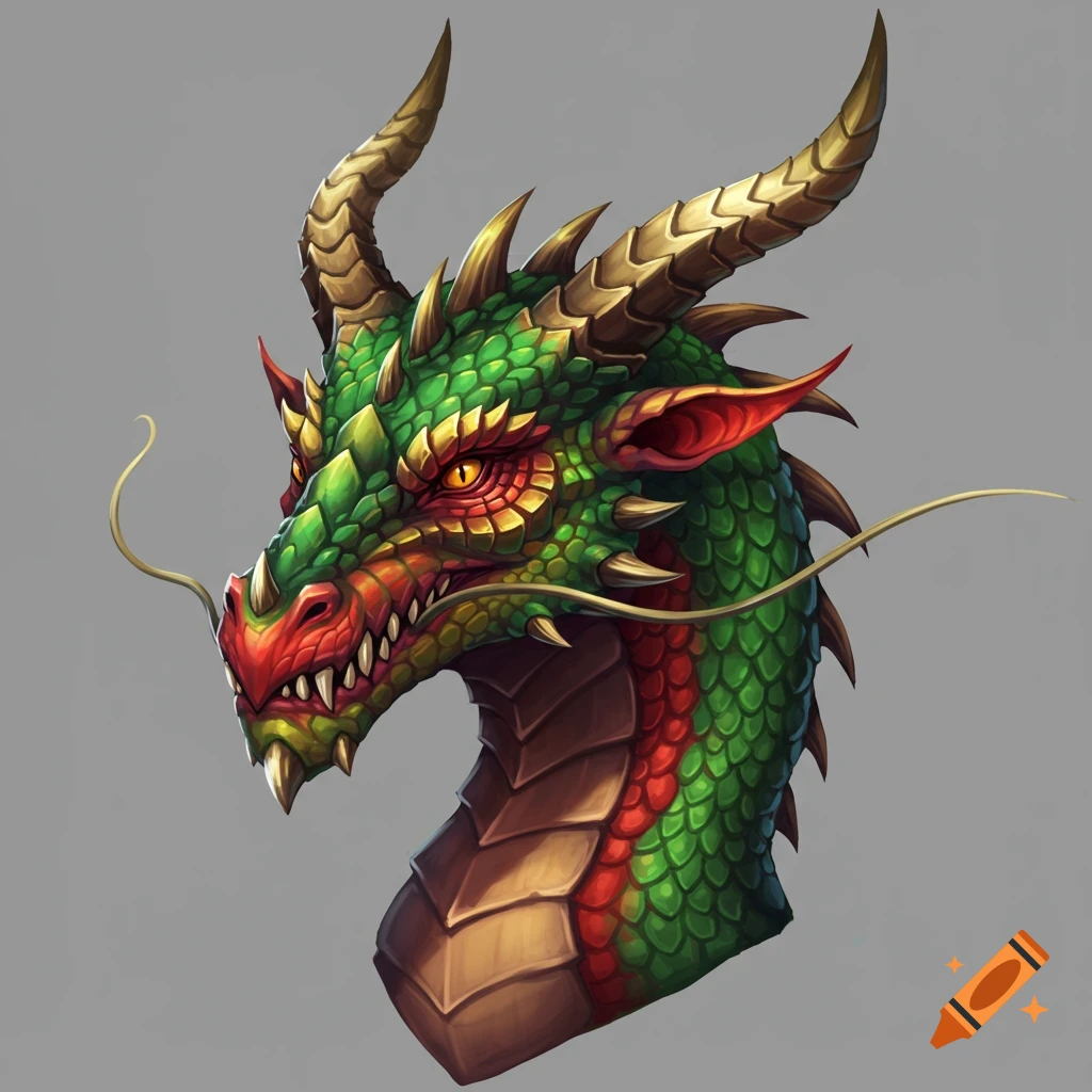 Detailed, vibrant green and red dragon head with golden horns and ...