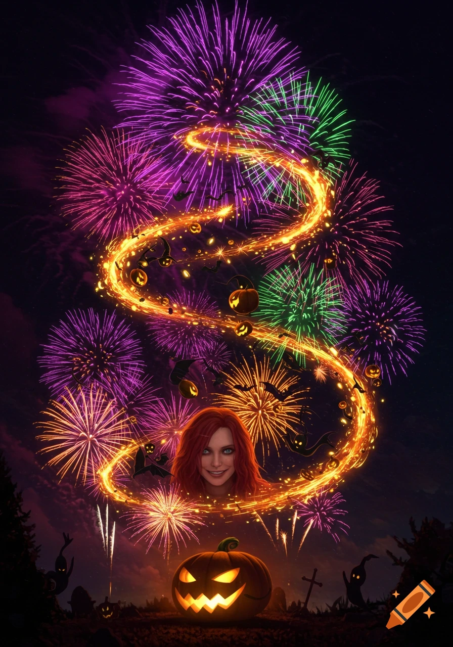 A red-haired woman's head floats among vibrant fireworks, glowing ...