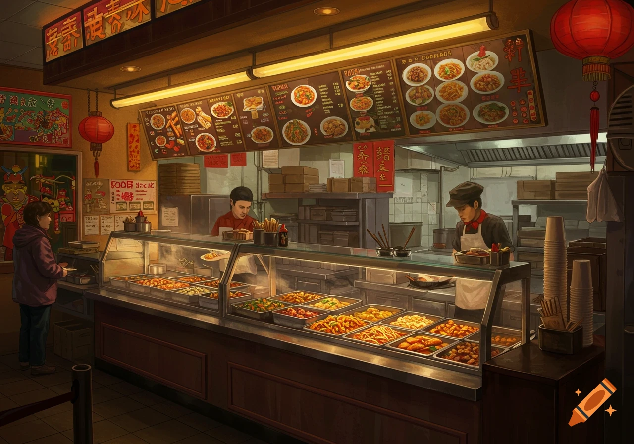An illustrative image of the interior of a bustling Chinese takeaway ...