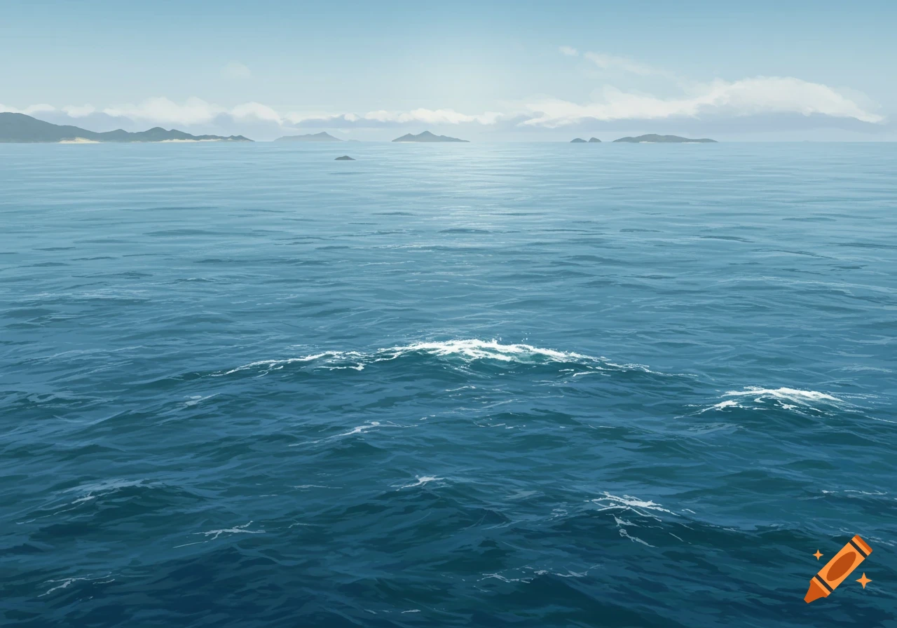 Vast blue ocean with gentle waves, distant islands under a clear sky. on Craiyon