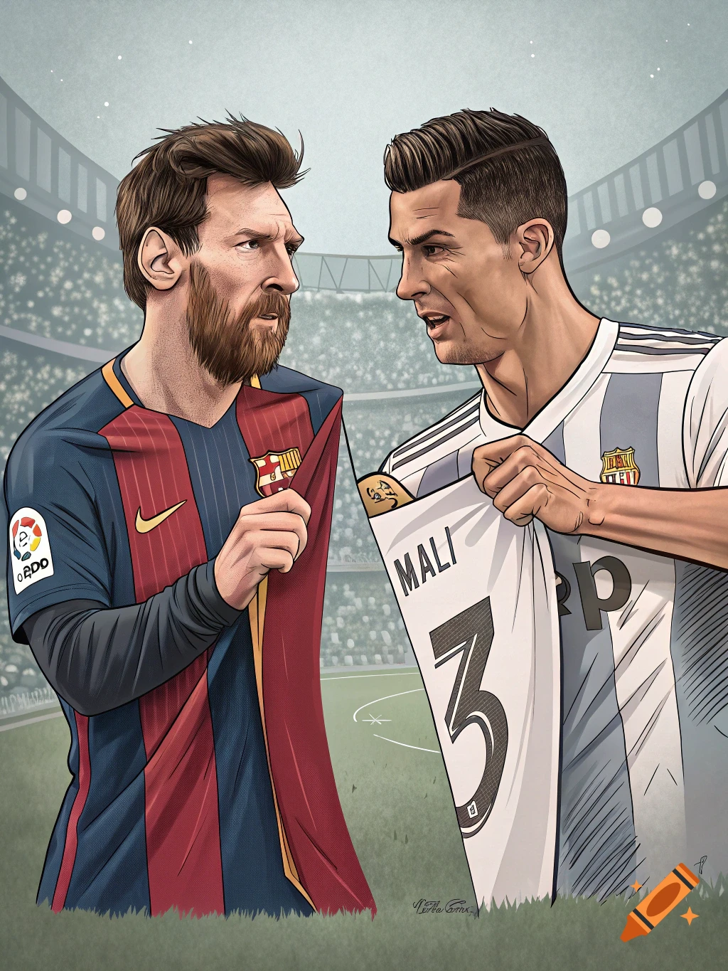 Cartoon illustration of Lionel Messi and Cristiano Ronaldo facing each ...