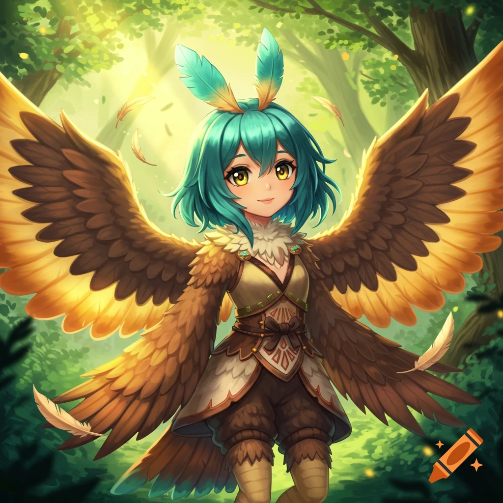 An anime bird girl with green hair and large brown wings stands in a ...
