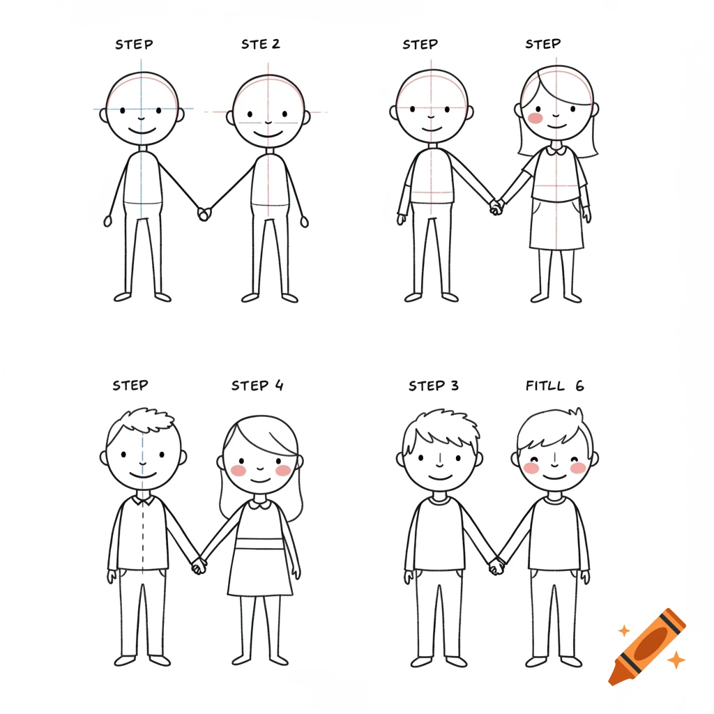 A six-step drawing tutorial illustrating how to draw a boy and girl couple holding hands in a ...
