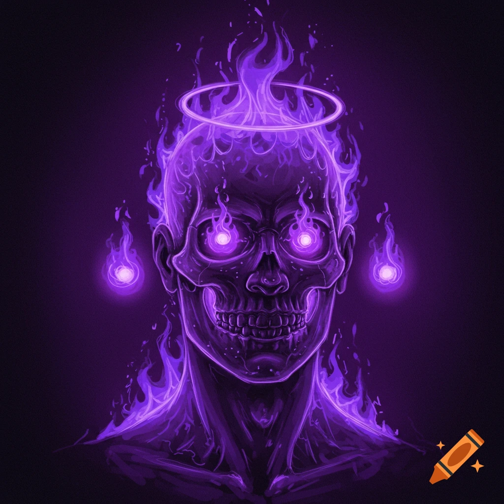 A human skull engulfed in violet flames with glowing violet fireballs ...