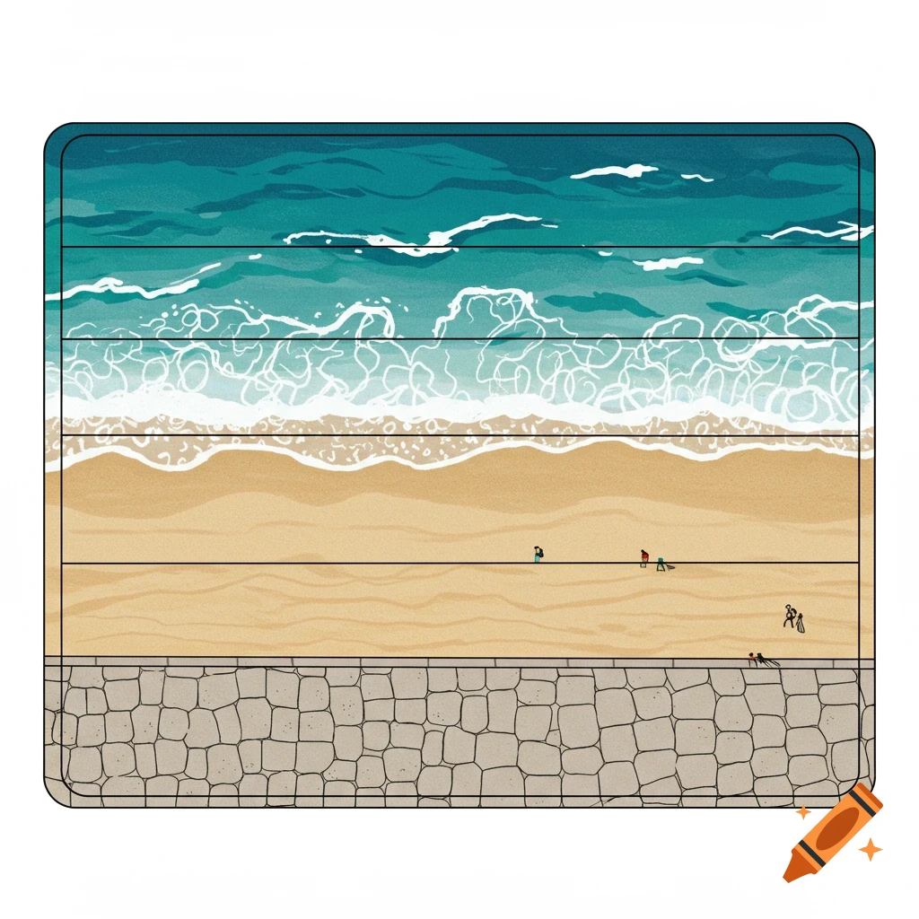 An overhead illustration of a beach scene, divided into three ...