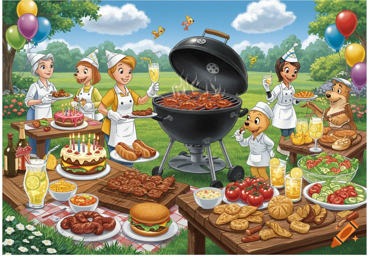 A colorful cartoon birthday BBQ scene with human and animal characters ...