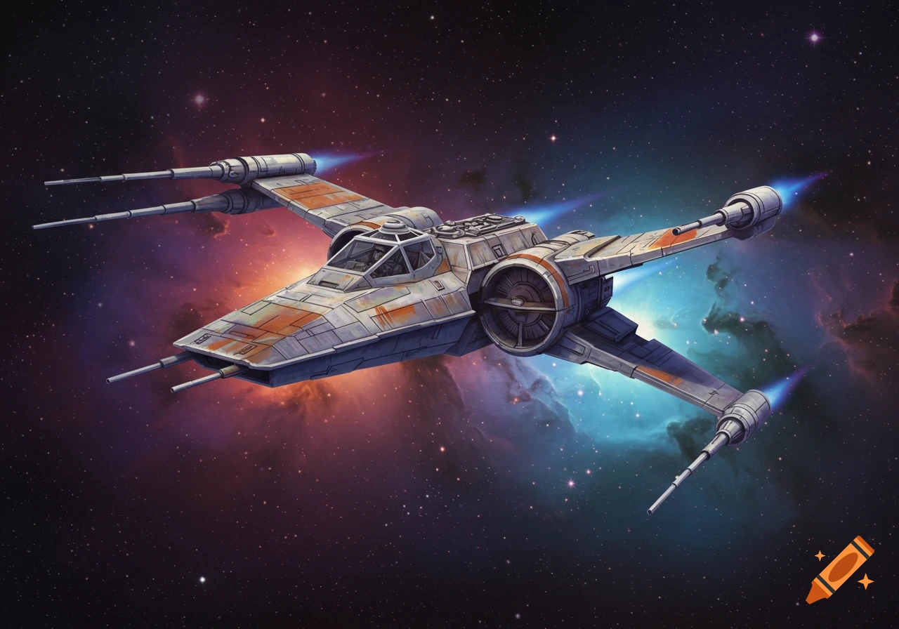 A detailed illustration of a Star Wars X-wing spaceship flying through ...
