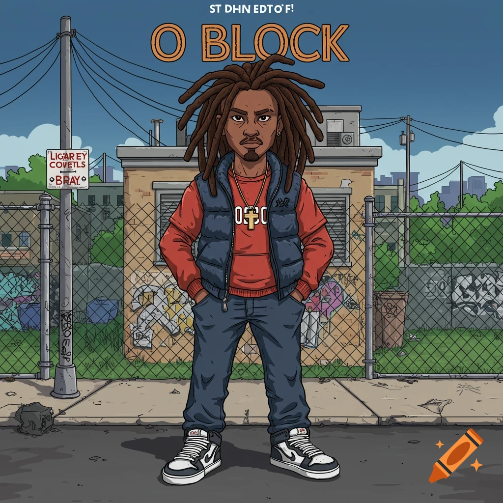 A cartoon-style man with dreadlocks stands in an urban setting with ...