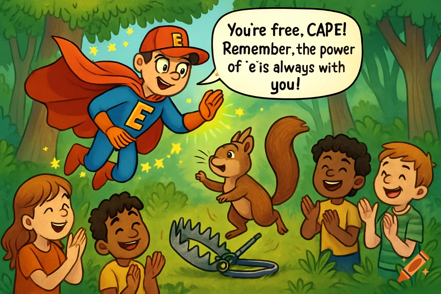 Cartoon superhero 'Invisible E' freeing a squirrel from a trap, watched ...