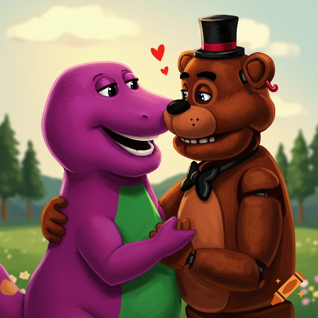 Cartoon Barney the purple dinosaur and Freddy Fazbear touching noses ...