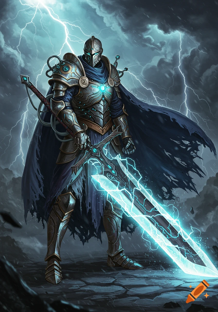 A powerful techno-knight in ornate glowing armor with a tattered cape ...