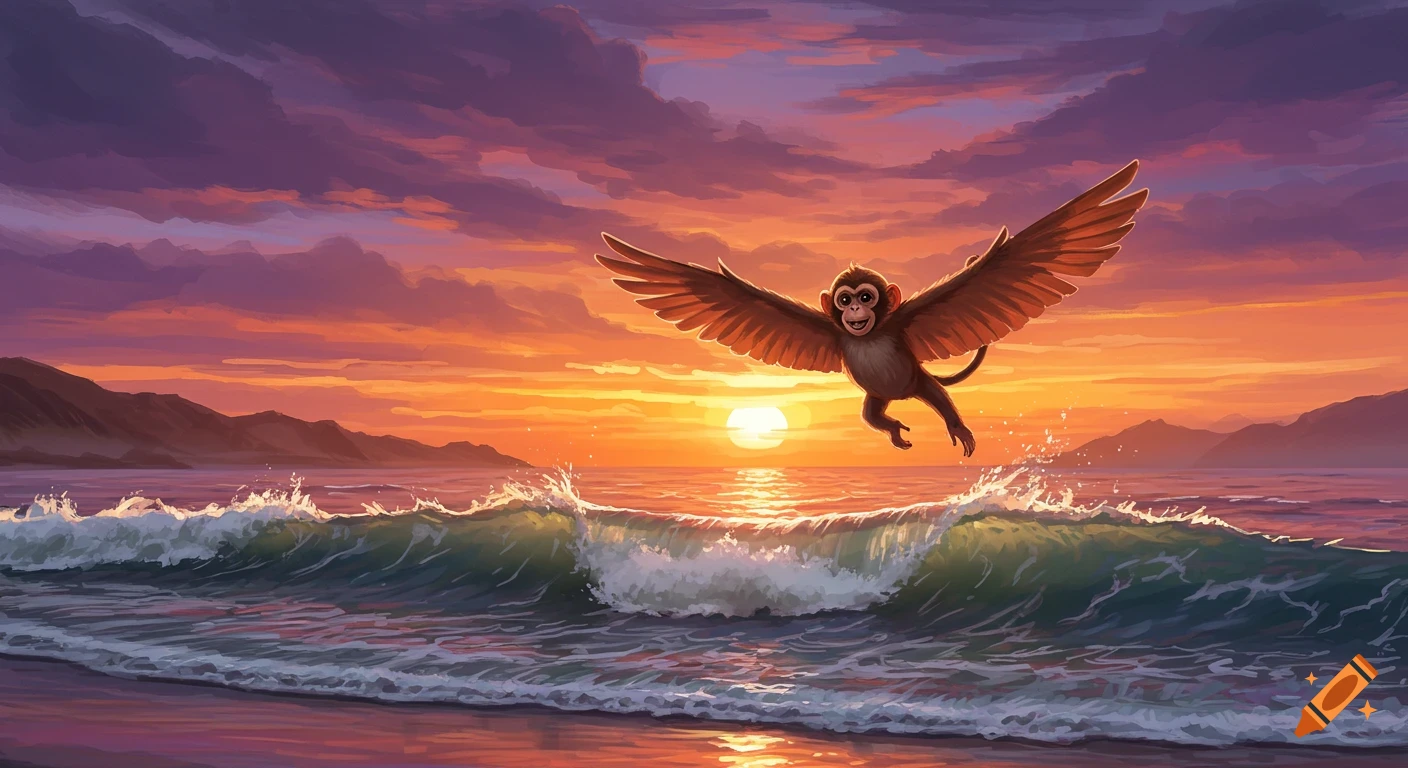 A cartoon flying monkey with wings soars over ocean waves at a colorful ...