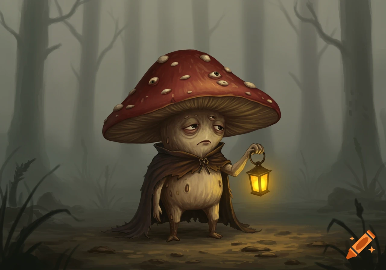 A tired mushroom creature with a red cap and multiple eyes, wearing a ...