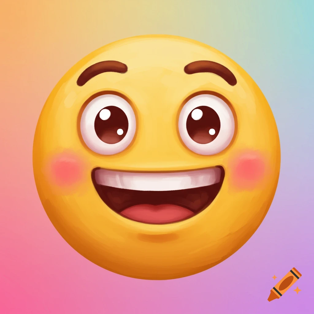 A cheerful yellow emoji with wide eyes, rosy cheeks, and a big smile on ...