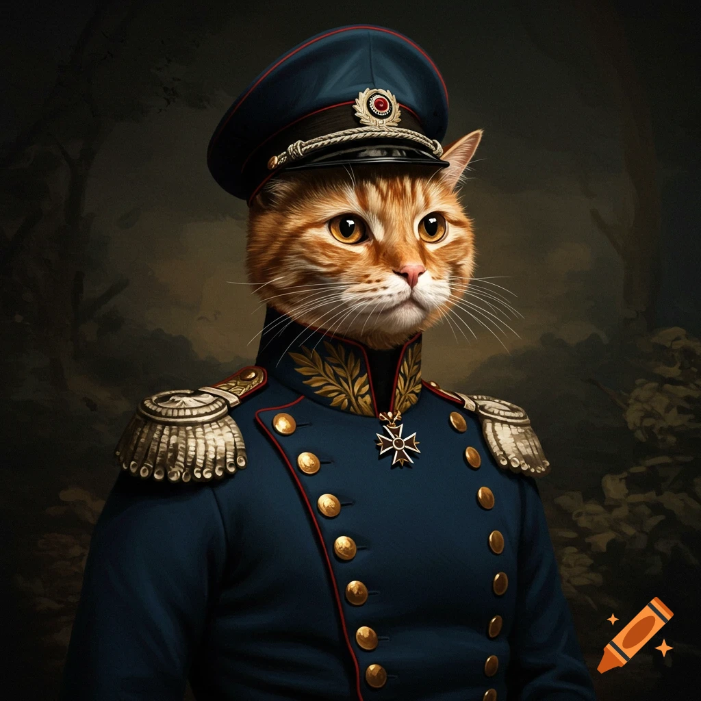 Portrait of an orange tabby cat in a detailed blue Prussian military ...