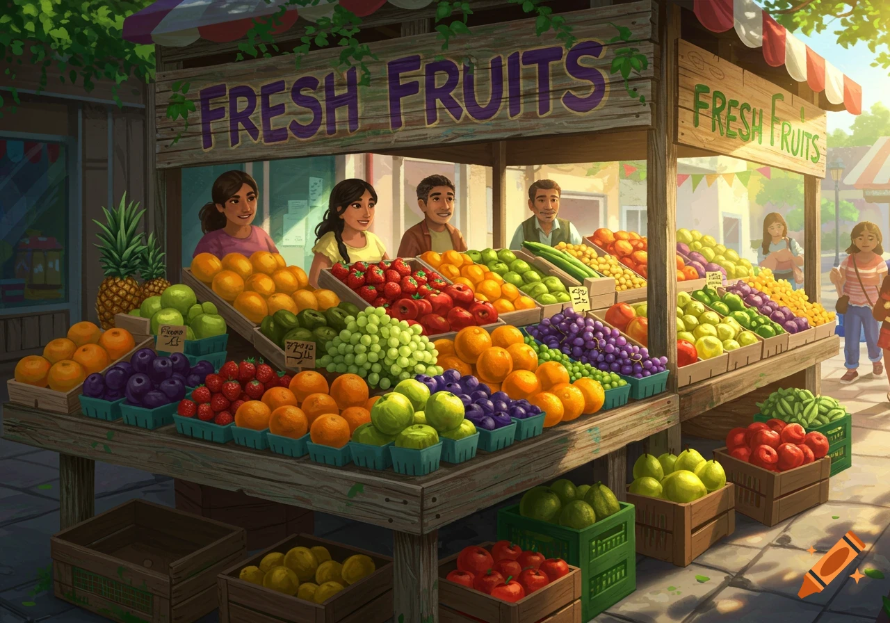 A colorful fruit stand overflowing with fresh fruits, including ...