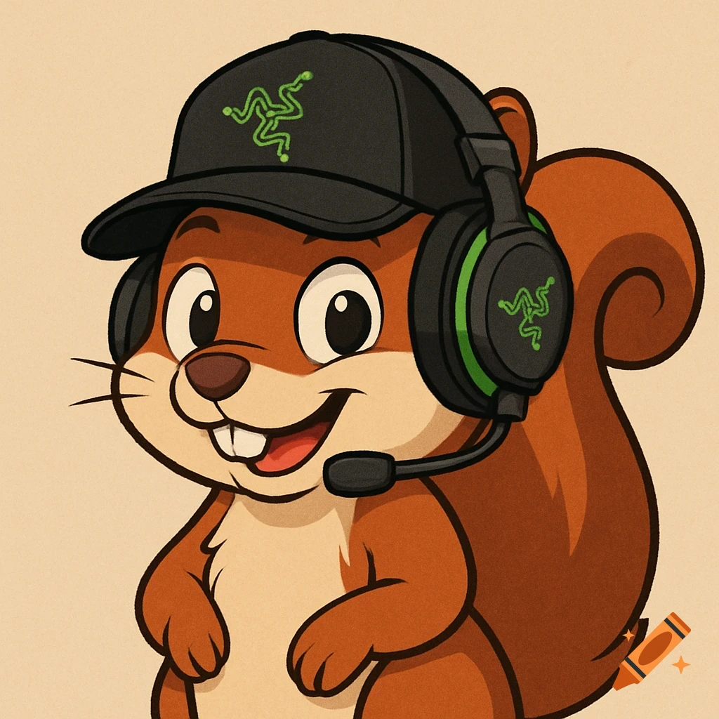 A cartoon squirrel wearing a black baseball cap with a green Razer logo ...