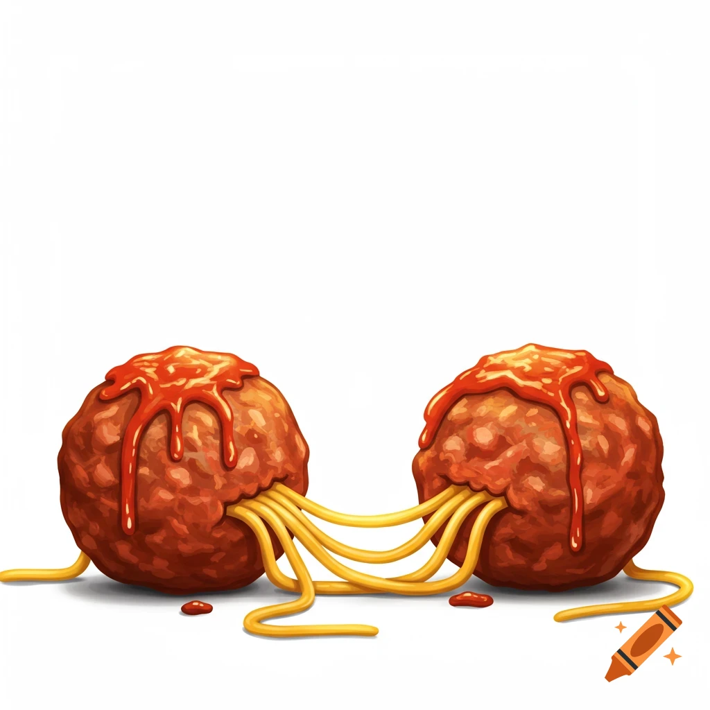 Two cartoon meatballs with red sauce connected by yellow spaghetti ...