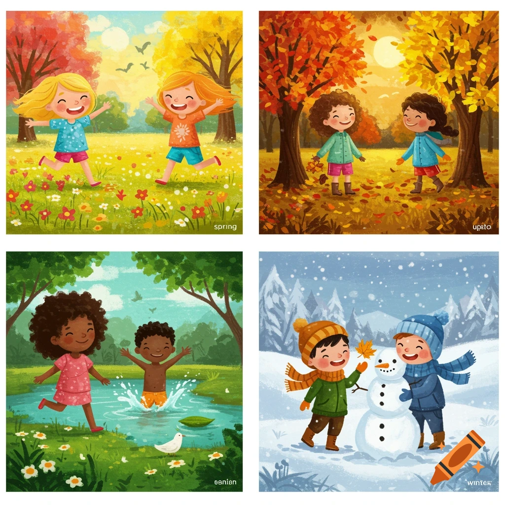 Four illustrated panels show children playing in spring, autumn, summer ...