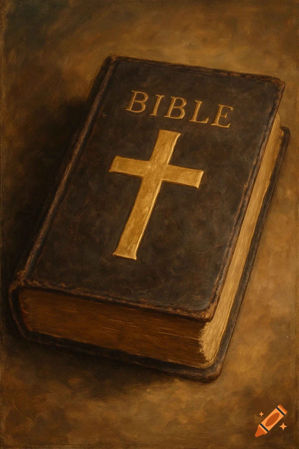 A textured painting of a closed Bible with a golden cross and the word ...