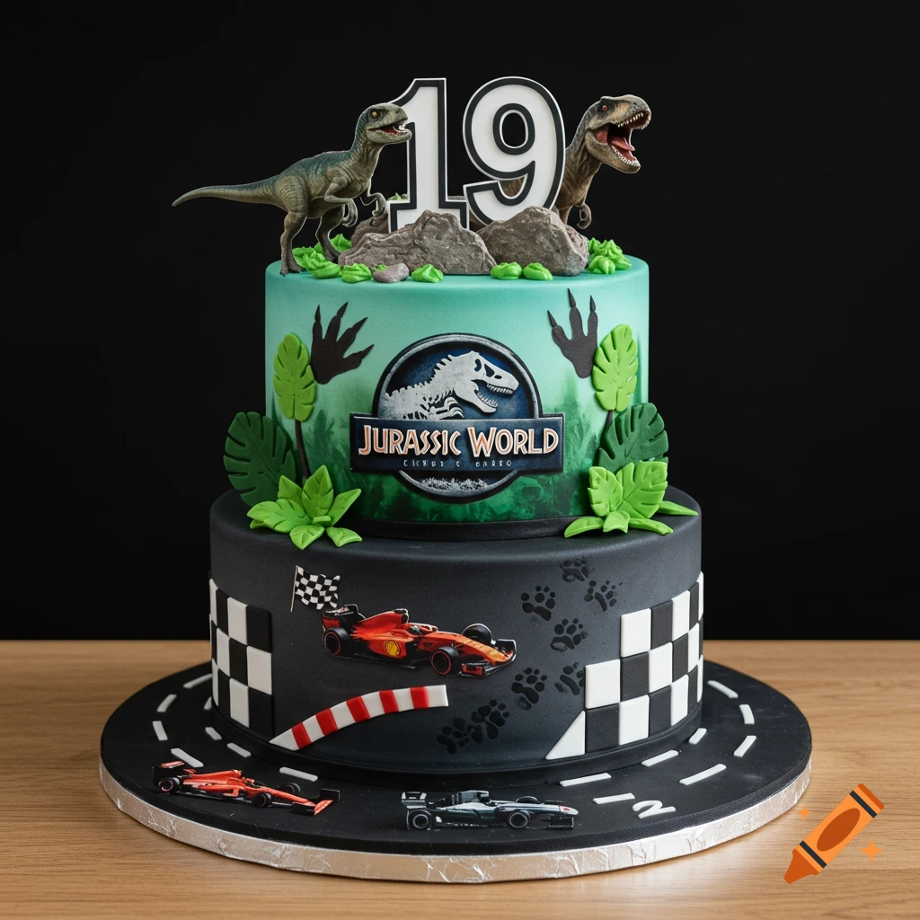 A two-tiered birthday cake for a 19th birthday, featuring a Jurassic ...
