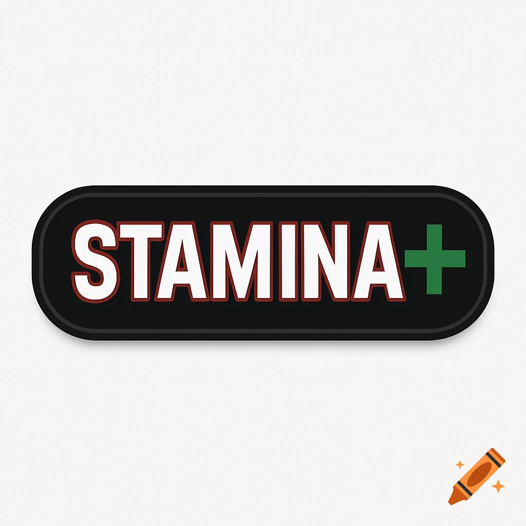 A black pill-shaped logo with white text 'STAMINA' outlined in red ...