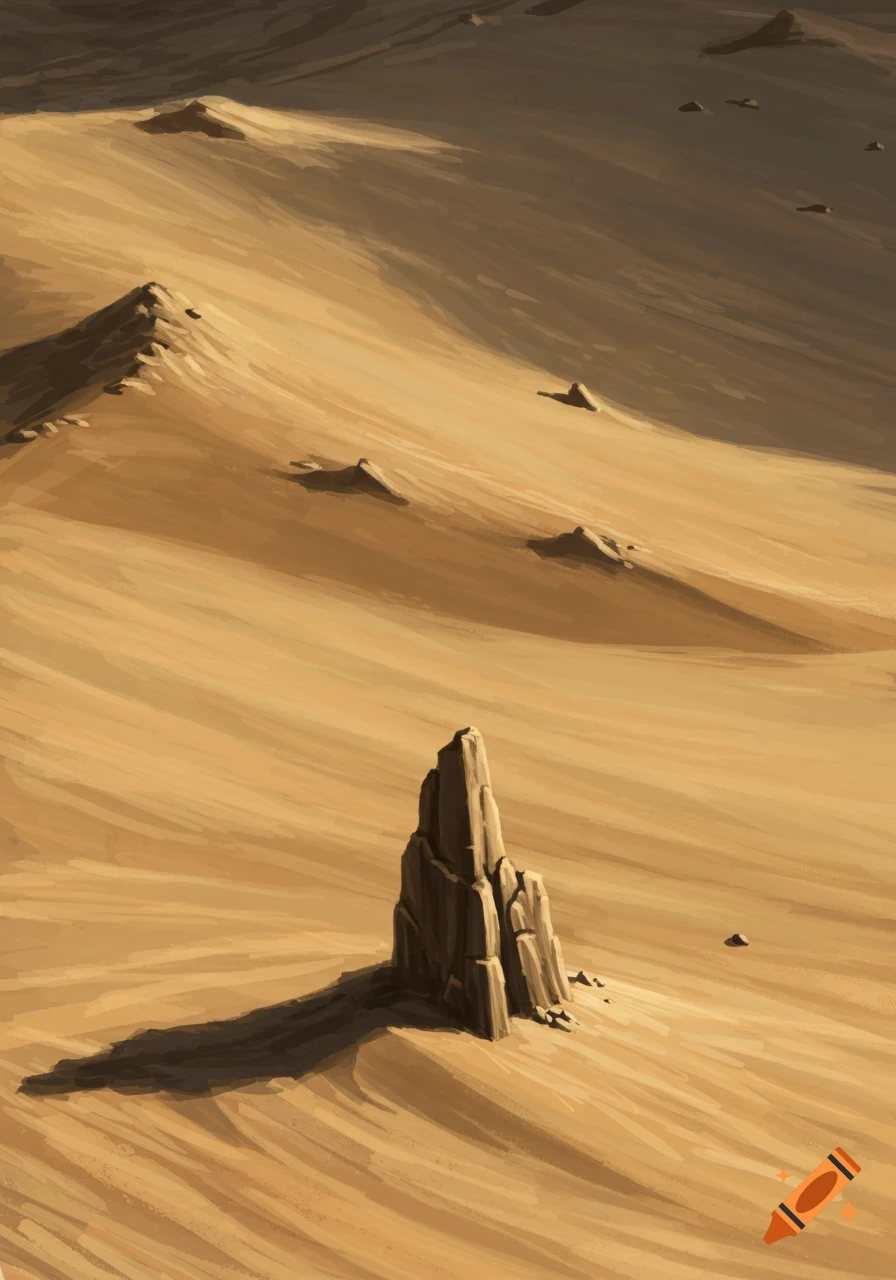 A digitally painted desert landscape with vast sand dunes and a ...