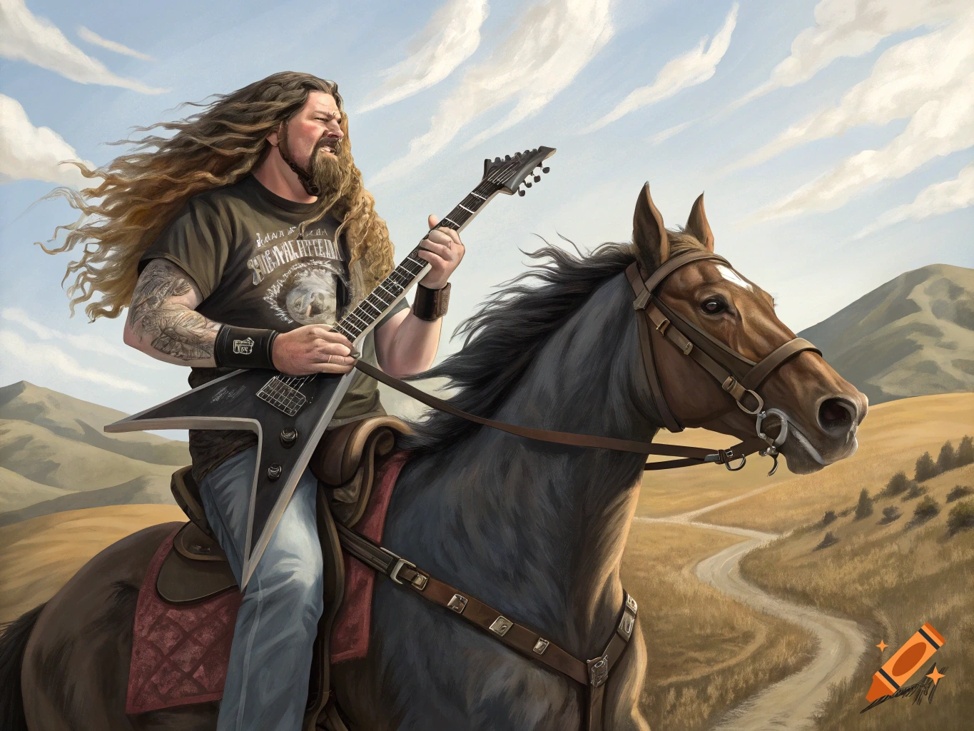 A long-haired man with a beard rides a horse across a landscape ...