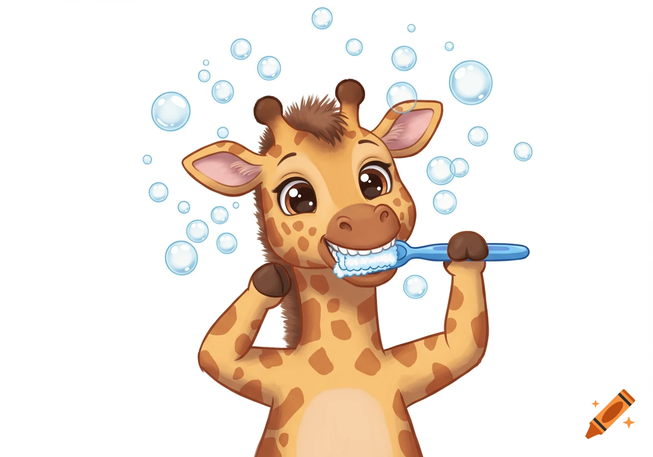 A cute cartoon giraffe with large eyes brushes its teeth, surrounded by ...