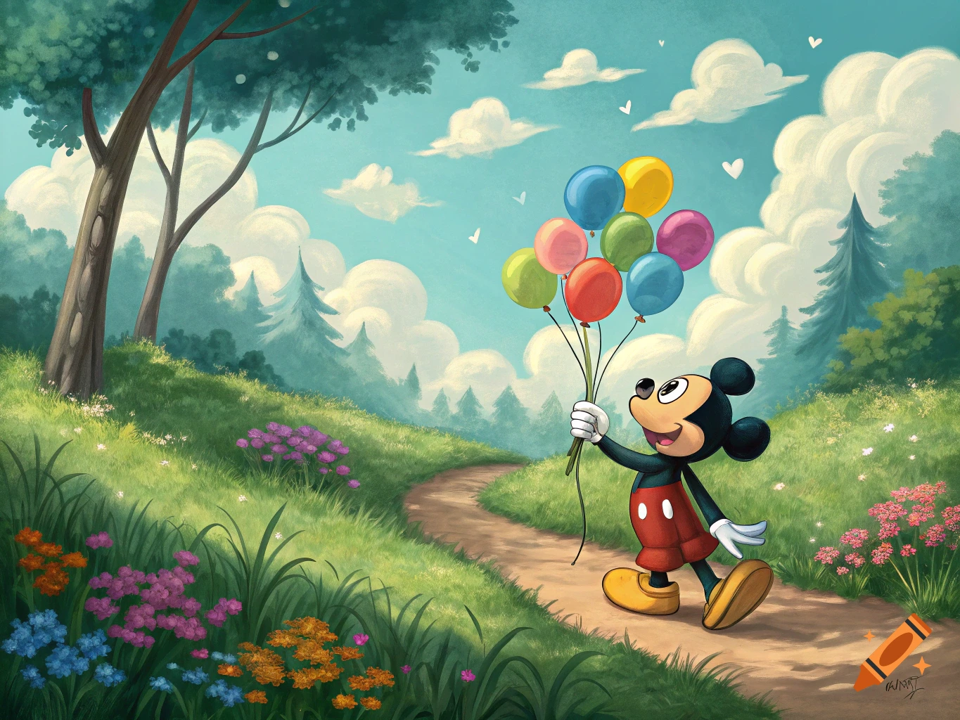 Mickey Mouse walks on a dirt path through a vibrant green forest ...