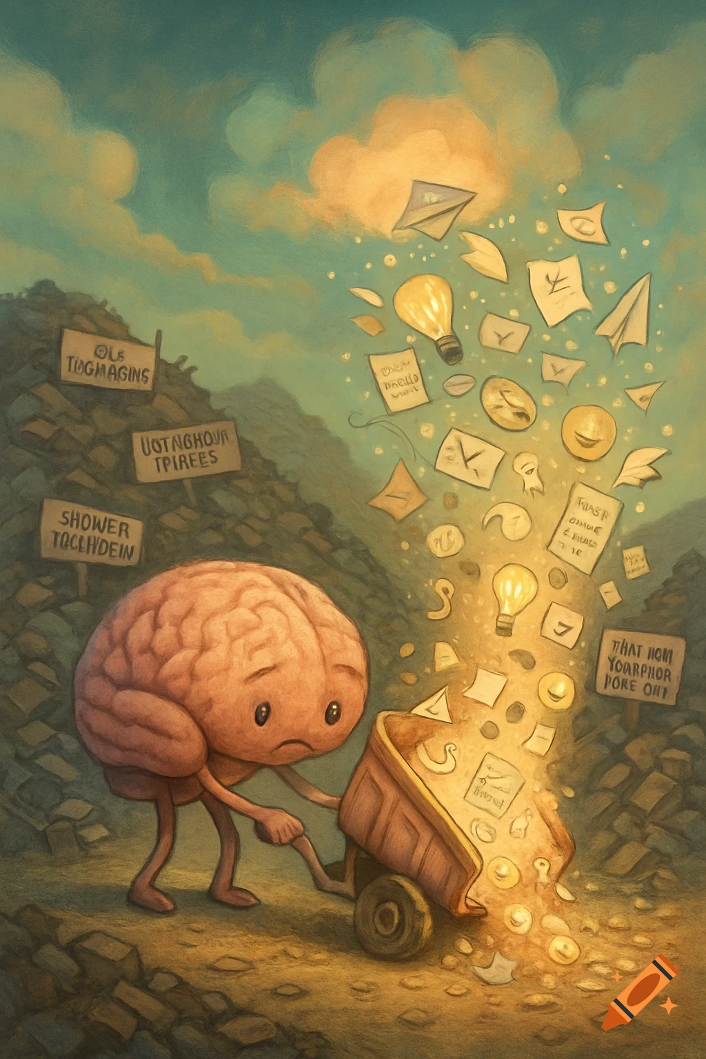 A sad, anthropomorphic brain pushes a wheelbarrow overflowing with ...