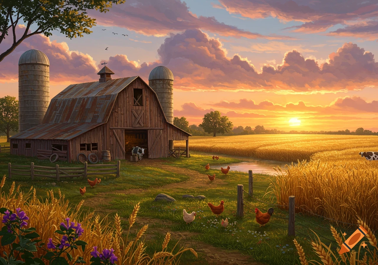 A vibrant farm landscape at sunset, featuring a rustic barn, silos ...
