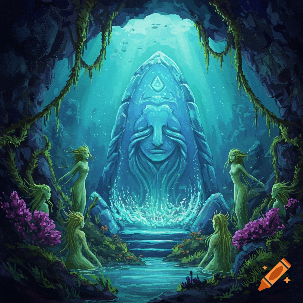 Fantasy illustration of glowing water spirits around a mystical stone ...