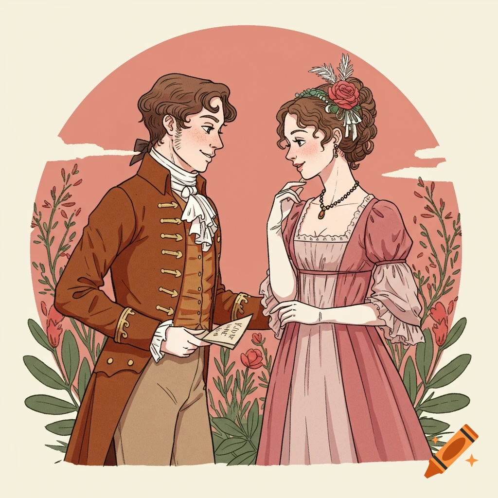 Illustration of a man and woman in regency attire exchanging glances ...
